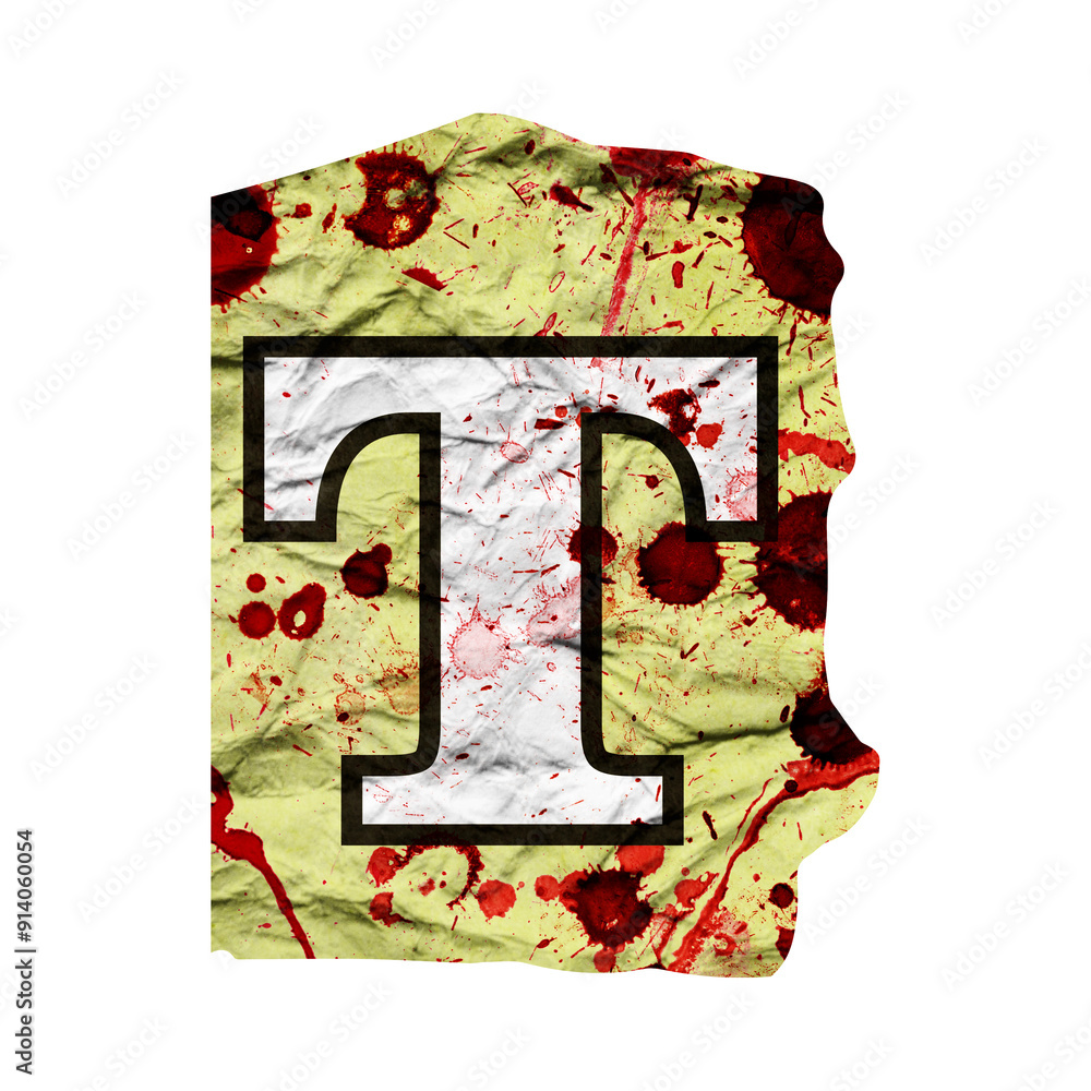 T Cut out ransom alphabetic letter T with blood splashes and crumpled ...