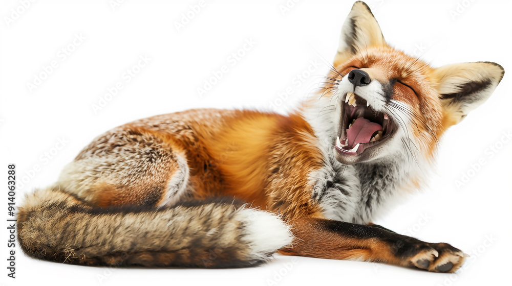 Full body fox lying down, laughing with mouth open, isolated on white ...