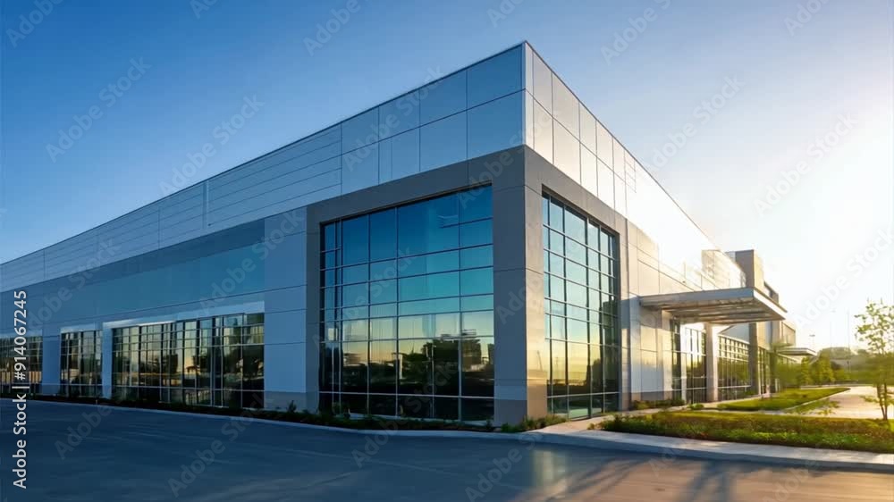 Large modern warehouse exterior with metal cladding and large windows ...