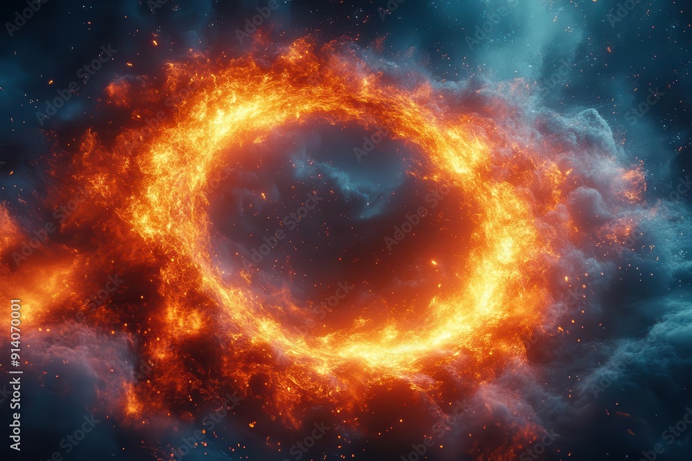 dynamic circular shockwave of vibrant particles exploding outward ...