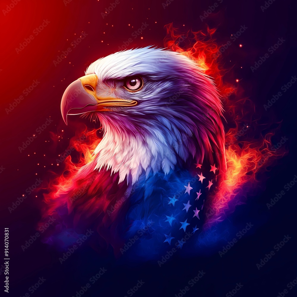 Head of Bald eagle in red fire with american flags stars isolated on ...