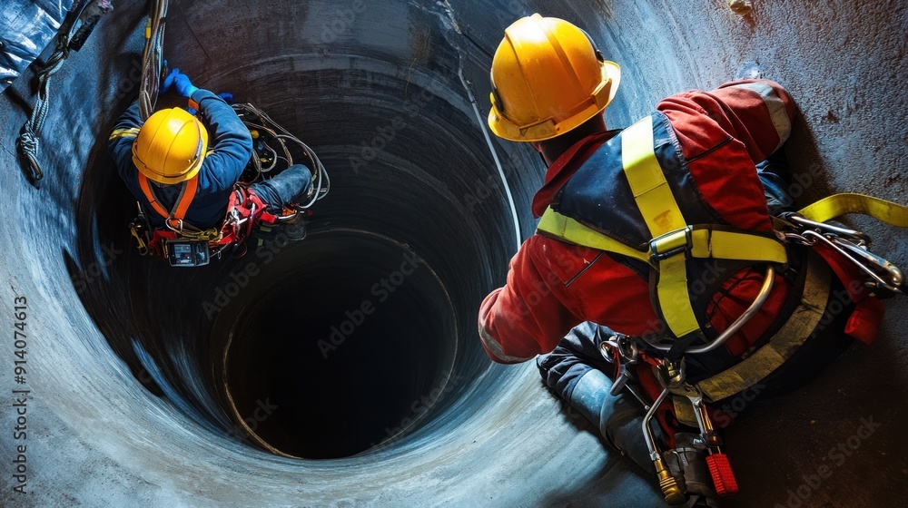 Generate a photo realistic image of workers following confined space ...