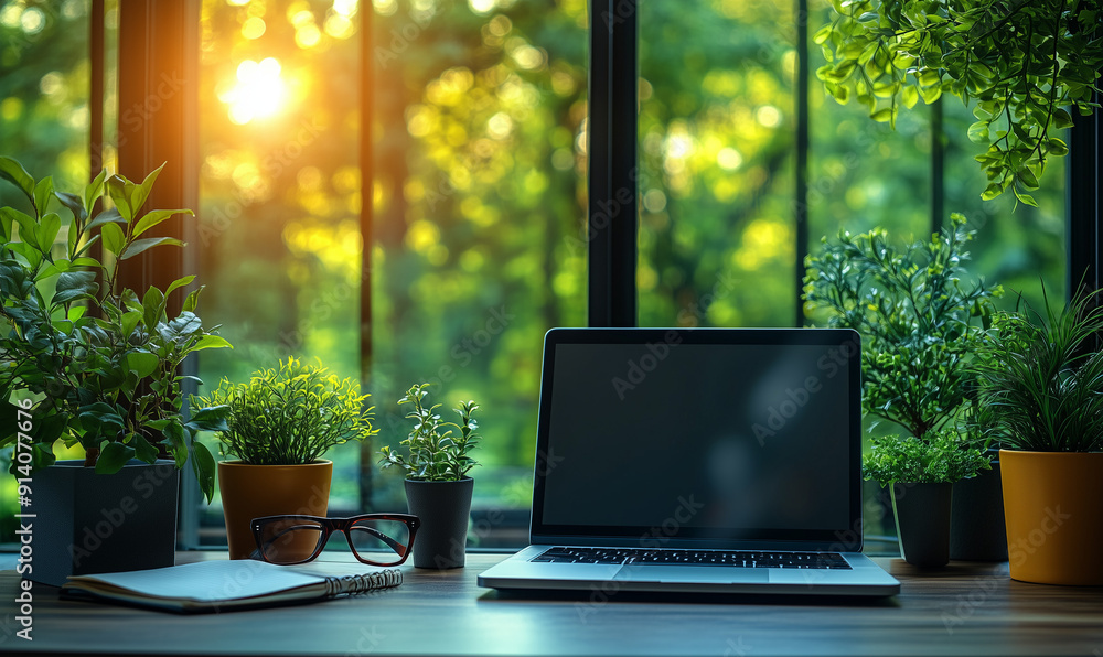 laptop mockup on office desk, white screen, blurred background of an ...