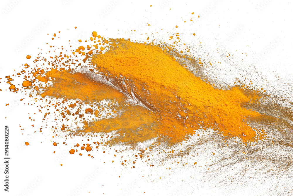 Isolated splashes of turmeric on a black background. Explosion ...