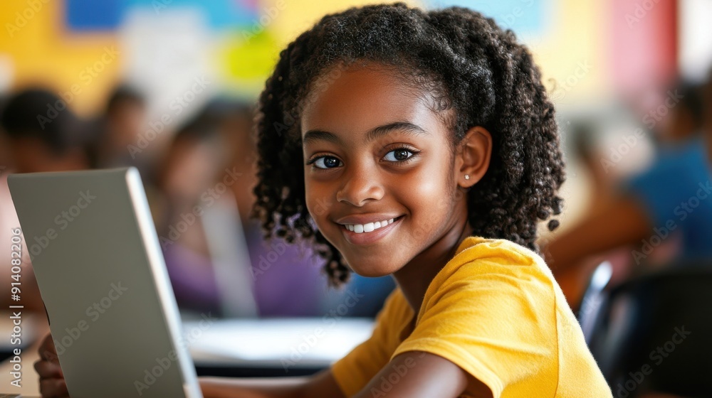 A young African American teacher working online on a laptop in a ...