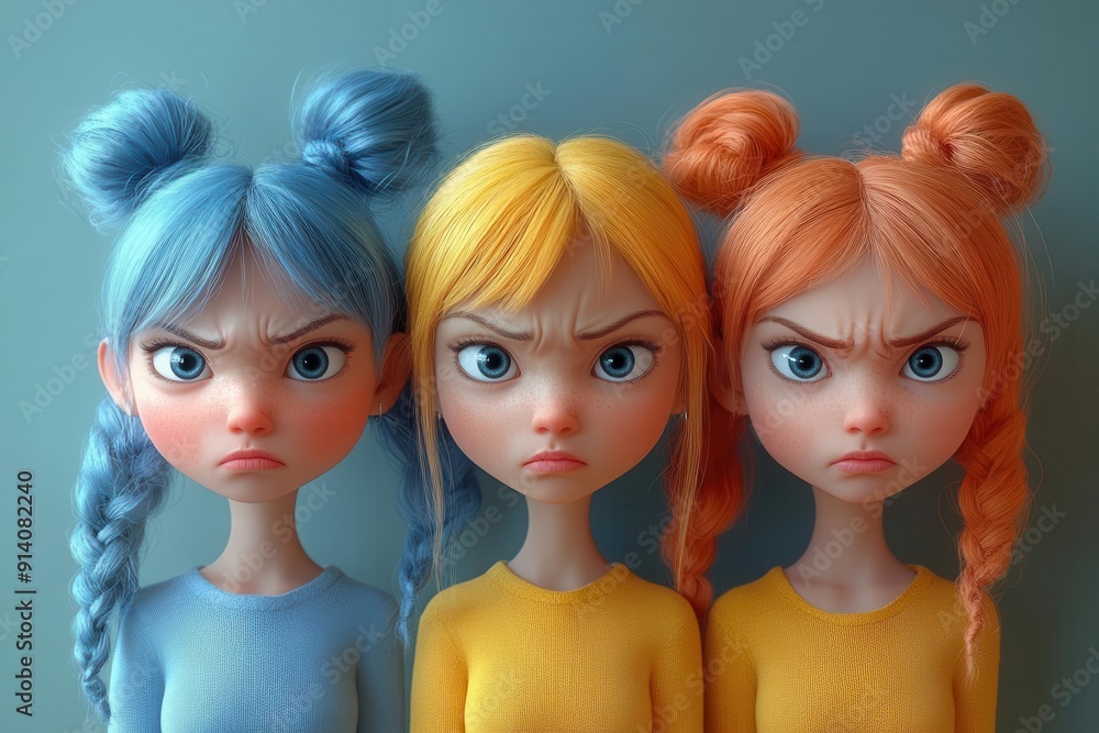 expressive 3d cartoon trio of girls depicting range of negative ...