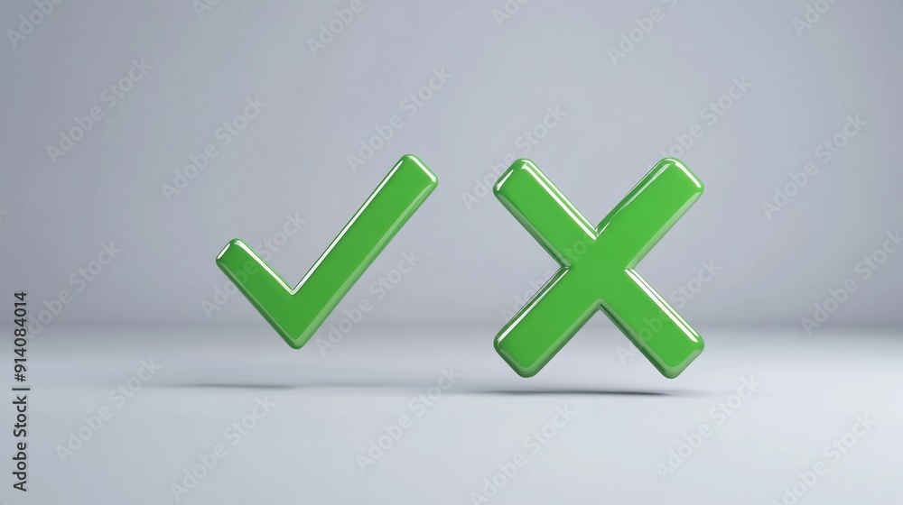 3D minimal green tick check mark and cross mark symbols, representing approval and rejection. 3D ...