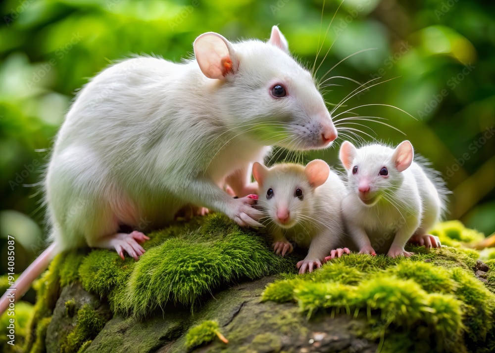 Adorable white rat mother forages for food on moss-covered rock with ...