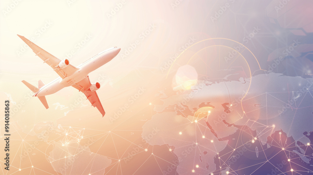 Airplane soaring over digital world map with network connections and a ...