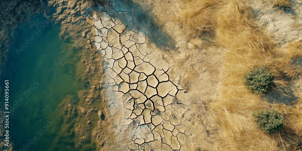 Aerial view of cracked desert ground, dry climate, barren landscape ...