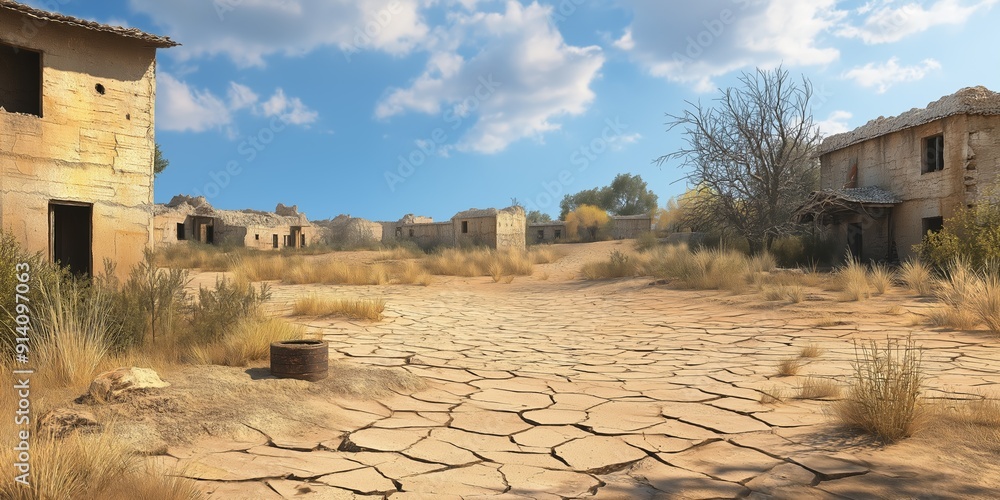 Desert village with cracked ground, arid landscape, dry climate, old ...