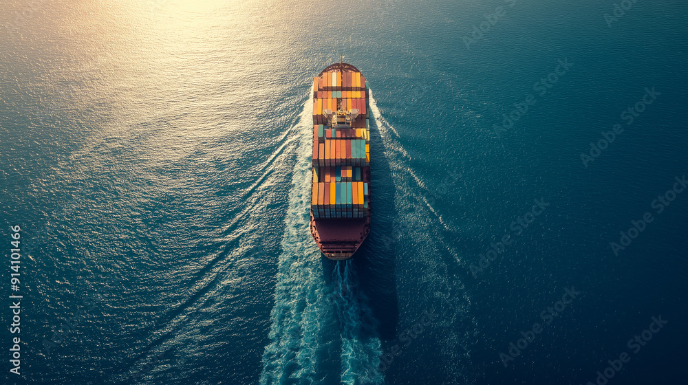 A bird's-eye view of a large ship sailing on a vast expanse of blue ...