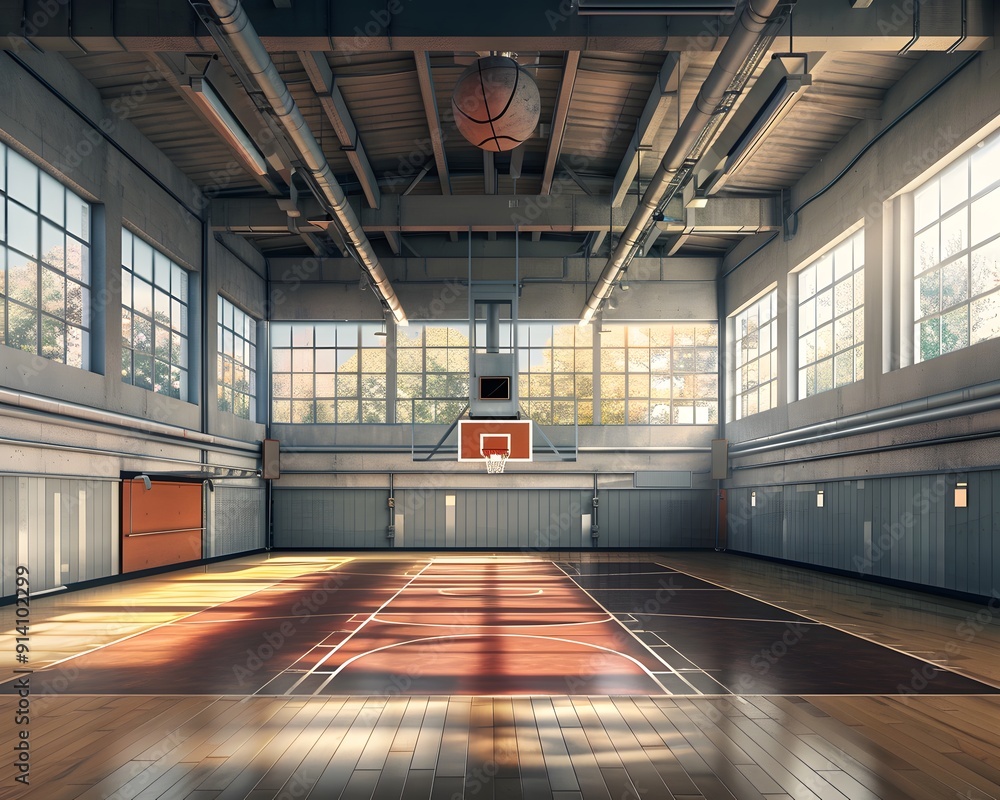 Empty indoor basketball court with sunlight streaming through large ...