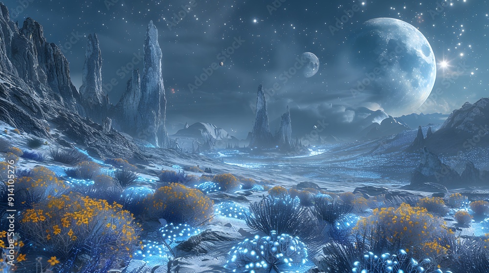 A CGI-created alien landscape with bioluminescent flora, strange rock ...