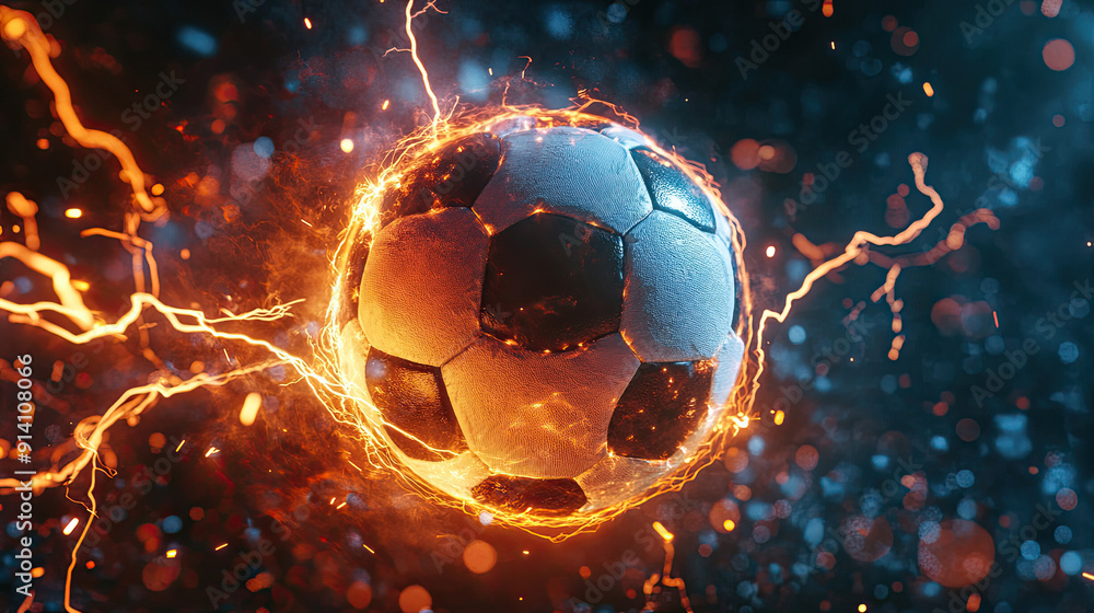 Flying Football with Lightning on Dark Background, Energy Flash and ...