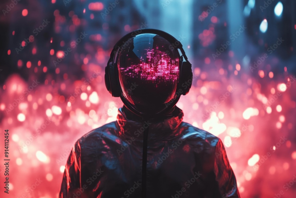 Futuristic Cyberpunk Character with Headphones in Neon Red and Blue ...