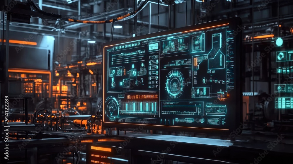 A digital interface displaying smart factory operations with automation ...