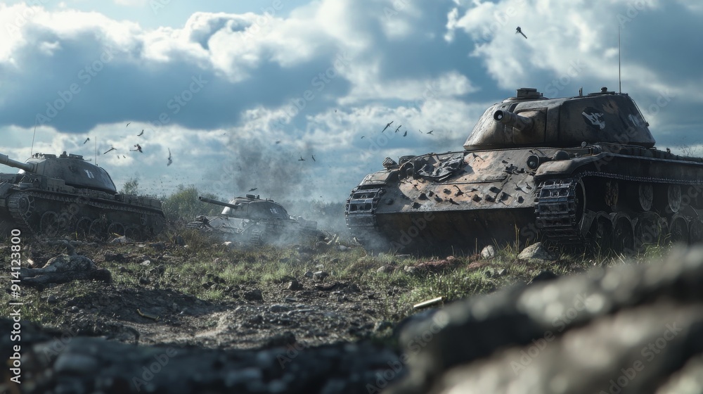 ww2, world war II, battle field, tanks, rifles, hyperrealistic, 16:9 ...