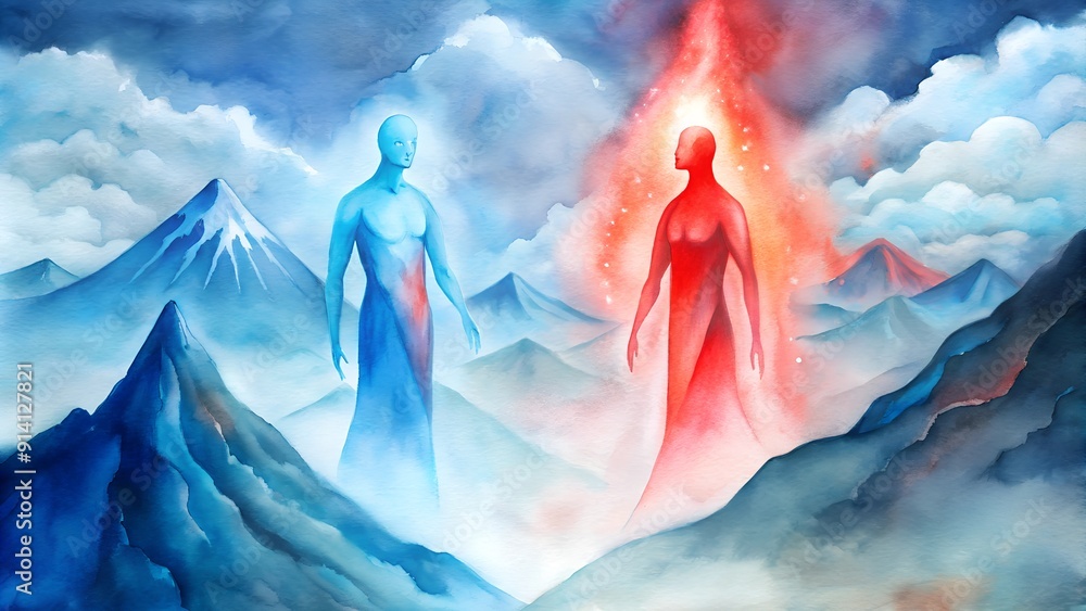 Two Glowing Souls in the Mountains with Clouds. Perfect for: Fantasy ...