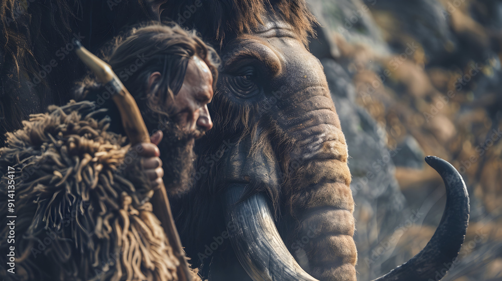 Neanderthal man hunts woolly mammoth, strong primitive bearded hunter ...