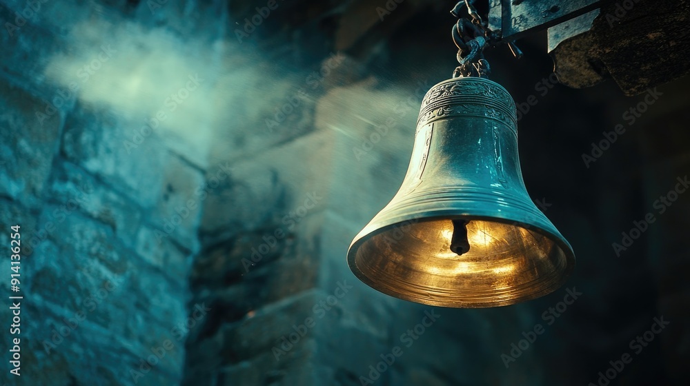 A church bell ringing, with a focus on the bell and its motion, calling ...