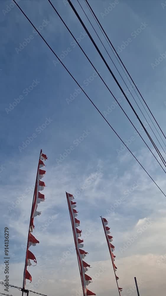 power lines, Red and white Indonesian flag on the electric pole with ...