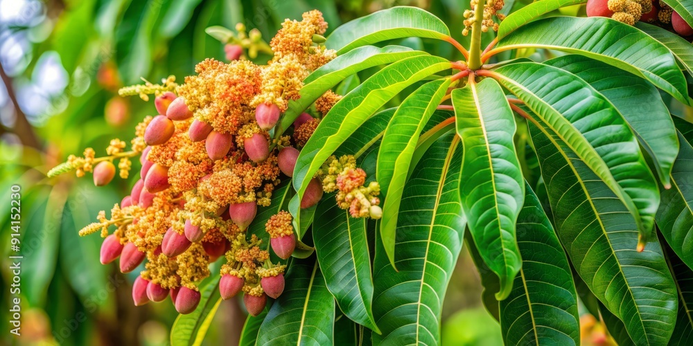 Vibrant yellow inflorescence of Indian mango tree, Mangifera indica ...