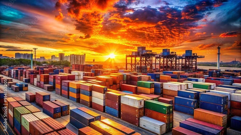 Vibrant sunset casts a warm glow on rows of stacked shipping containers ...