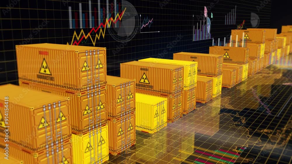 Radioactive waste and nuclear cargo containers on charts and diagrams ...