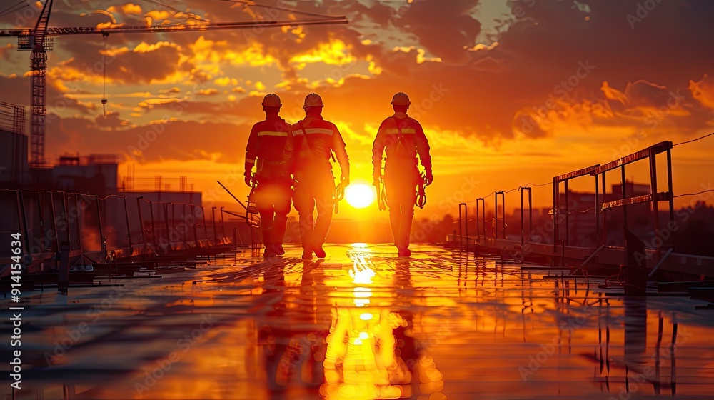 Heatwave, construction workers in hot weather, hot weather shines a ...