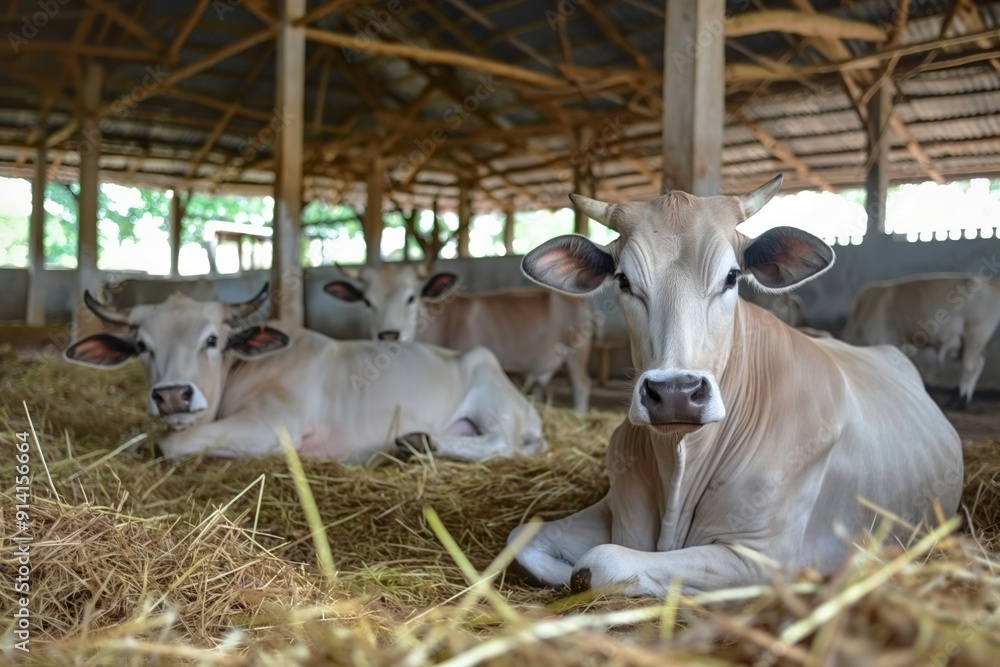 Three cows are laying down in a barn. One cow is laying on its side ...
