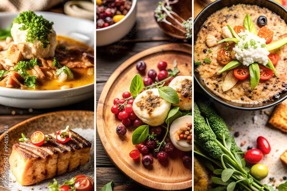 Apetitoso collage de comida saludable para restaurante. Fotografías de ...