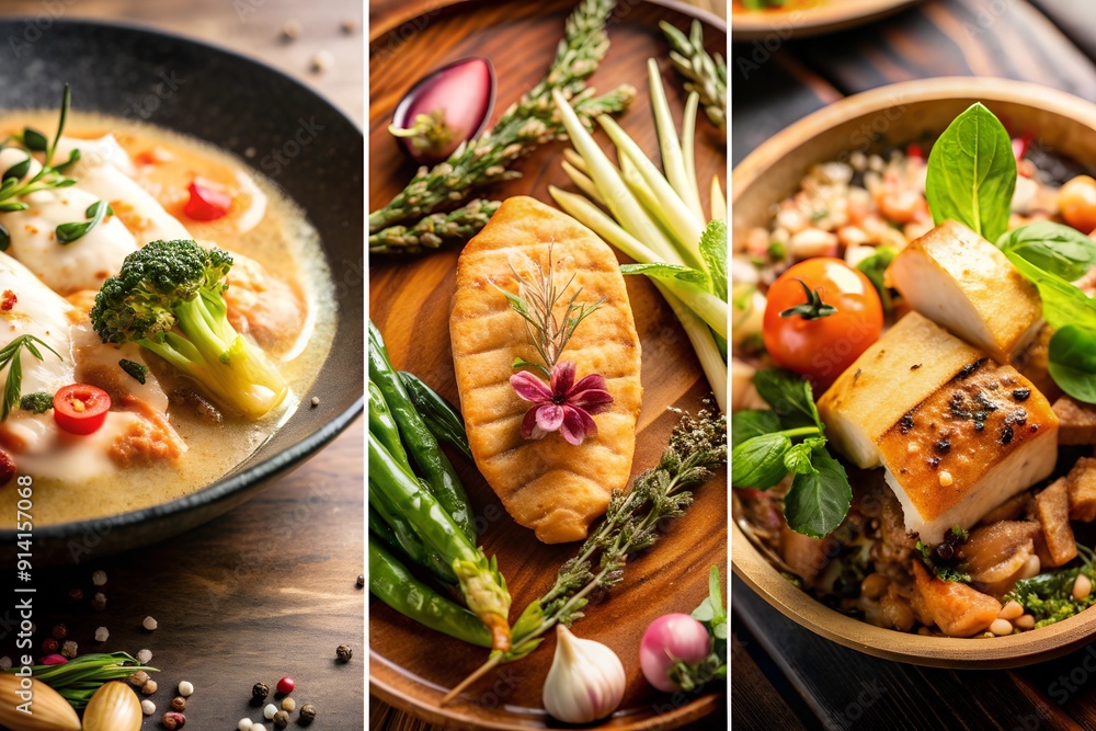 Apetitoso collage de comida saludable para restaurante. Fotografías de ...