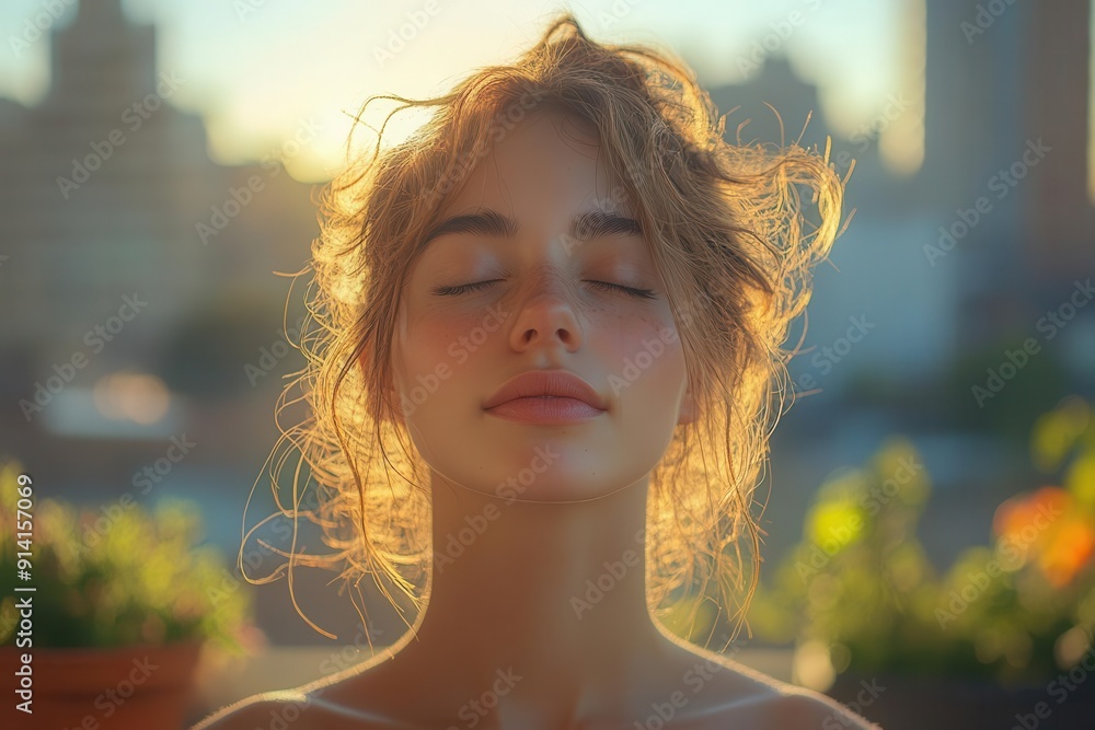 young woman basking in sunlight on balcony eyes closed in peaceful ...