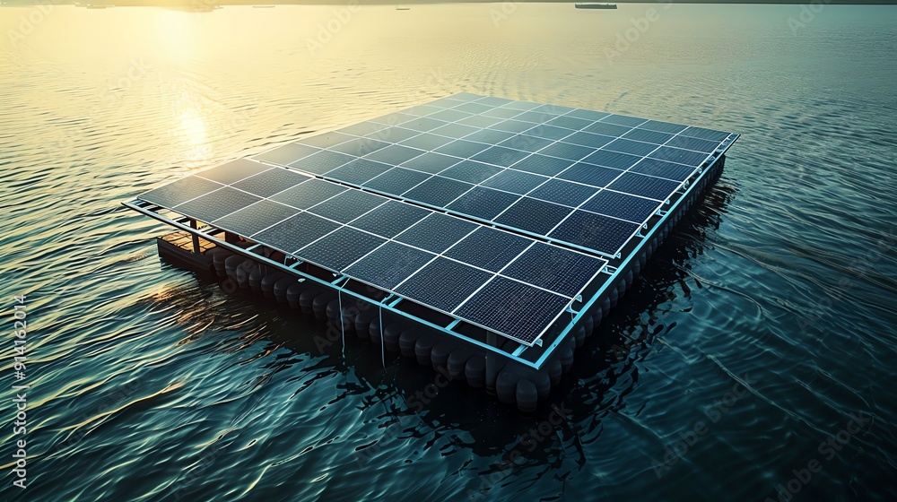 Solar energy arrays on a floating platform, generating power on water bodies, Solar Energy ...