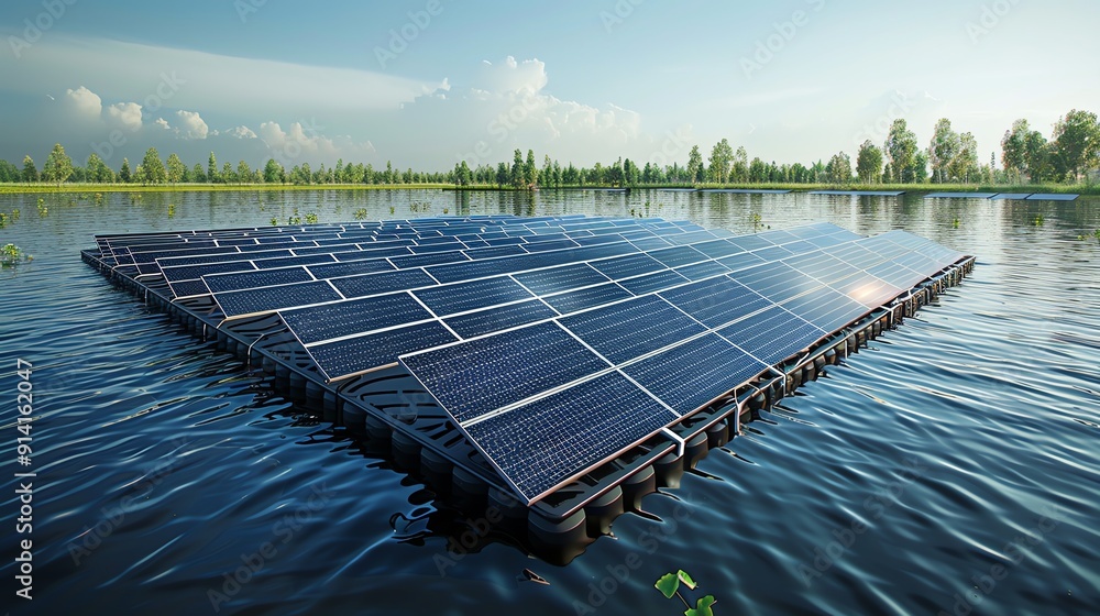Solar energy arrays on a floating platform, generating power on water bodies, Solar Energy ...