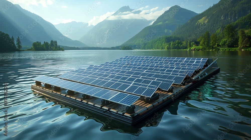 Solar energy arrays on a floating platform, generating power on water bodies, Solar Energy ...