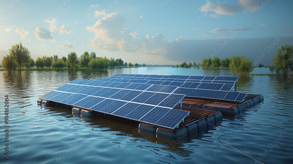Solar energy arrays on a floating platform, generating power on water bodies, Solar Energy ...