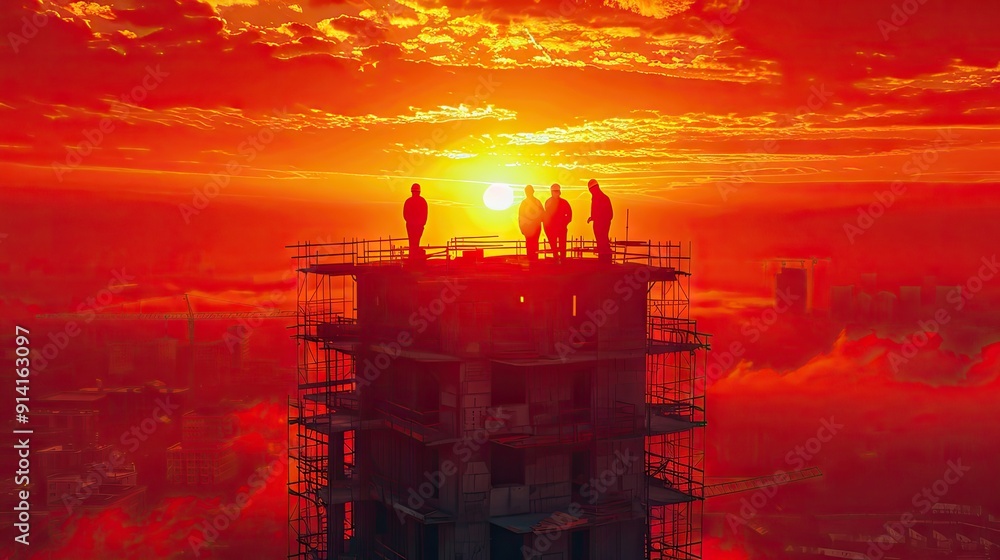 Heatwave, construction workers in hot weather, hot weather shines a ...