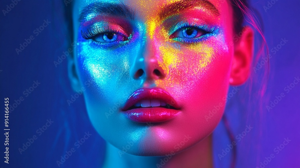 Vibrant neon lights illuminate a face in contrasting blue and red hues ...