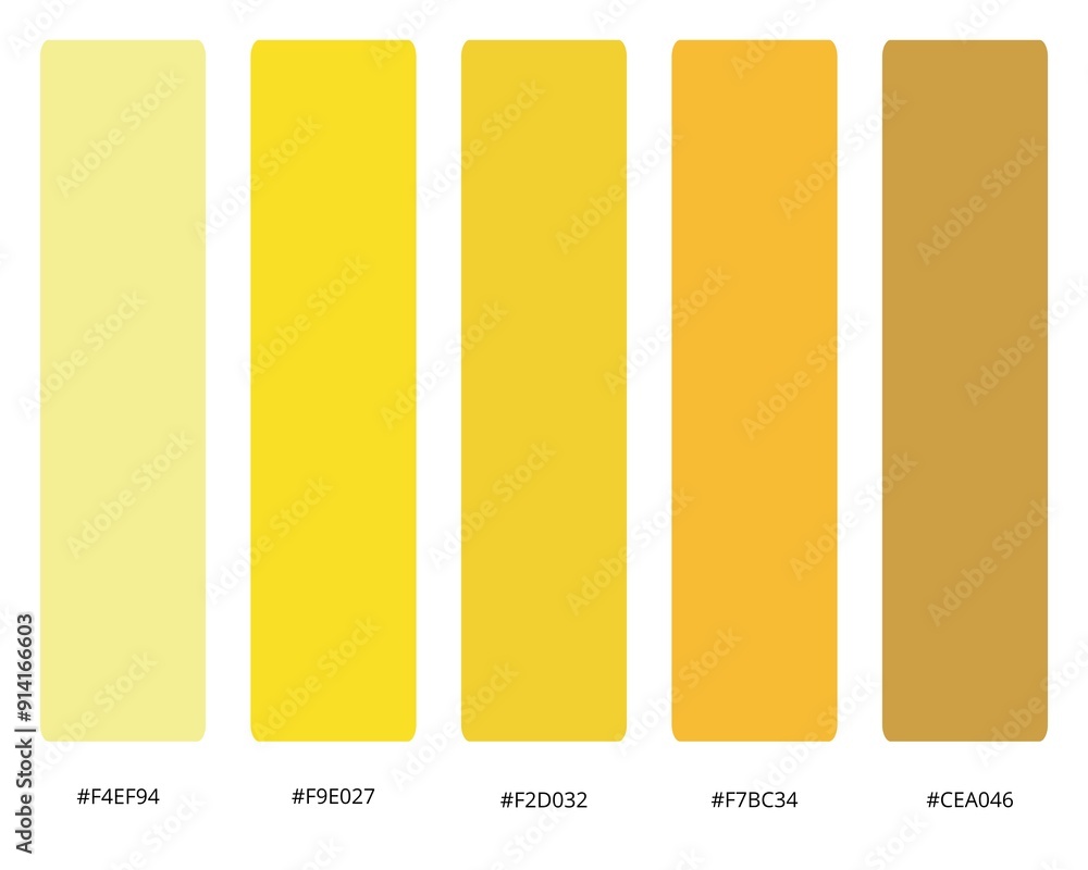 A set of yellow color palette of five colors with a code. A collection ...