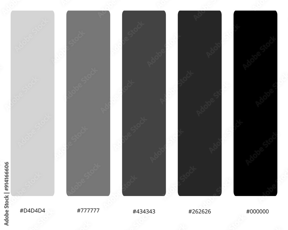 A set of gray - black color palette of five colors with a code. A ...