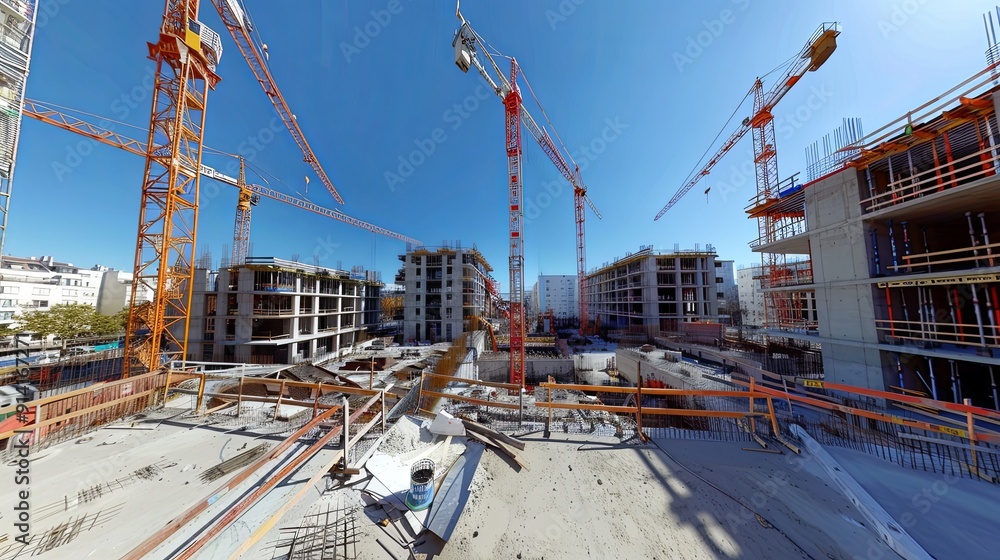 Construction site with multiple cranes and unfinished buildings. Stock ...
