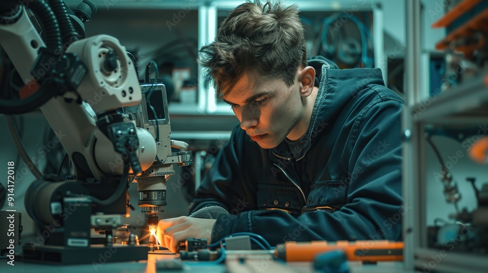 Foto de Student engineer Assembling Robotic Arm with computer in ...