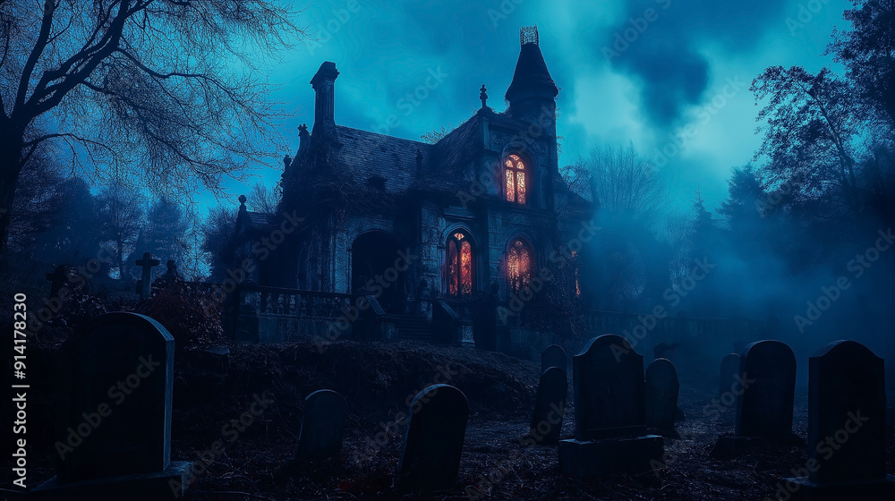 Dark forest, a creepy haunted castle stands eerily, with ghosts and ...