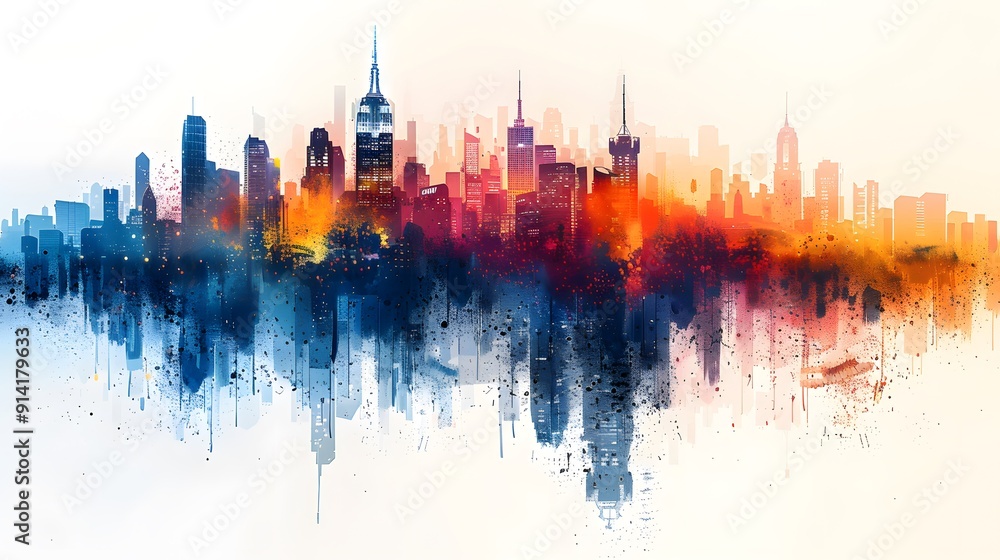 Abstract city skyline with splashes of color and silhouettes of ...