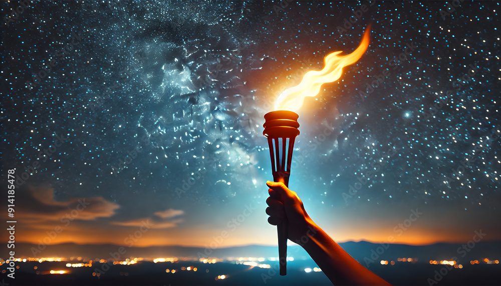 Beacon of Hope: Hand Raising a Flaming Torch Over a Night Sky with City ...