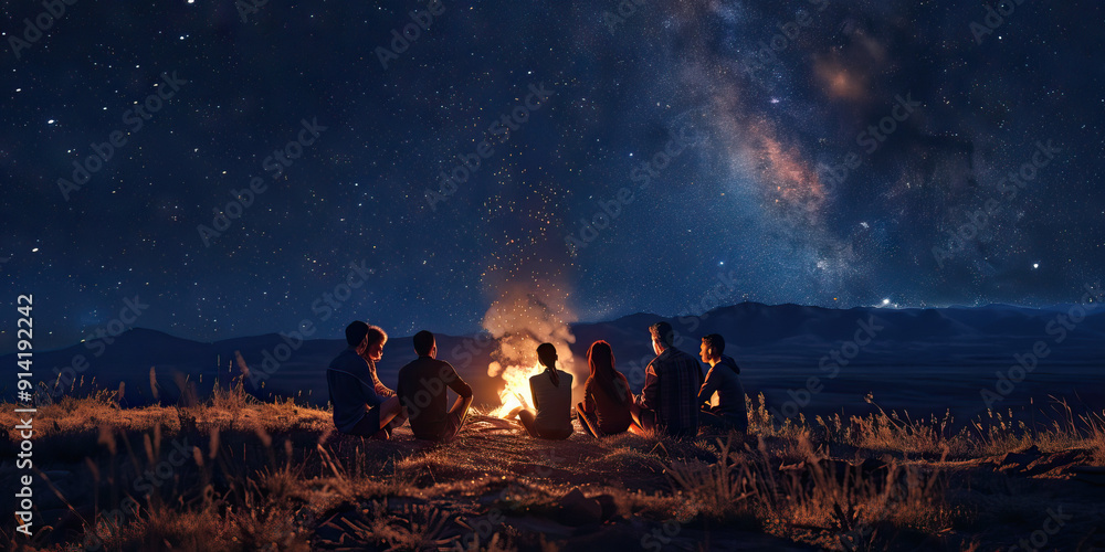 Sharing the Fire: A group of people sitting around a campfire, under a ...