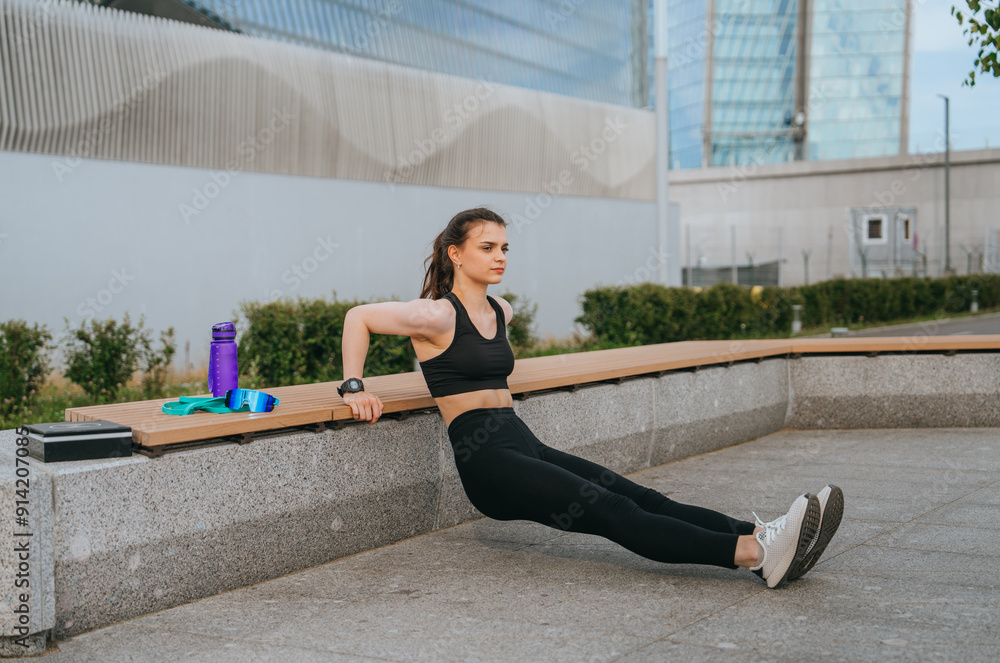 Female athlete in black sportswear doing tricep dips on a bench, with a ...
