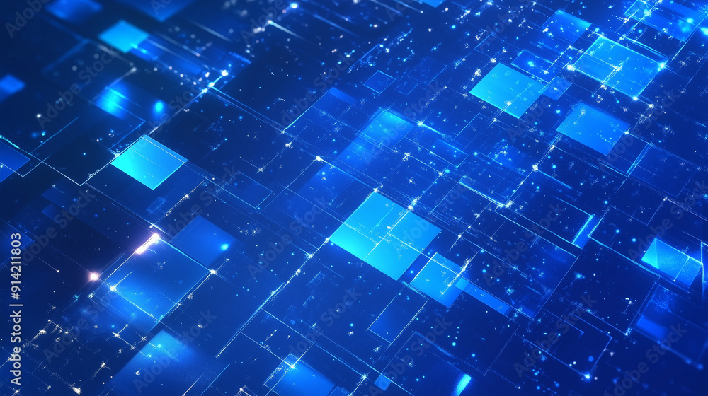 Abstract blue background featuring glowing digital squares ...